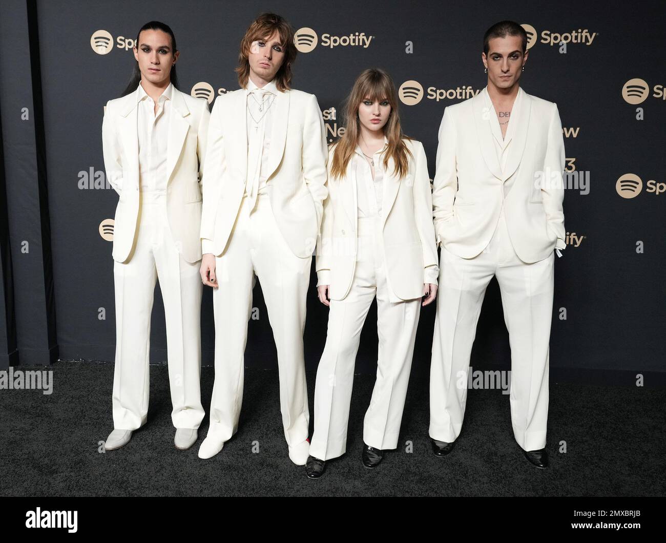 Los Angeles, USA. 02nd Feb, 2023. (L-R) Måneskin - Ethan Torchio, Thomas Raggi, Victoria De ...