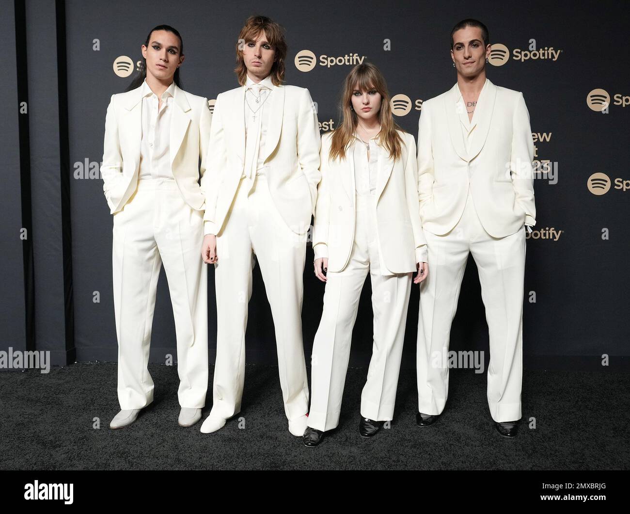 Los Angeles, USA. 02nd Feb, 2023. (L-R) Måneskin - Ethan Torchio, Thomas Raggi, Victoria De ...