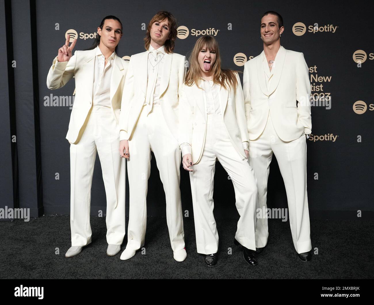 Los Angeles, USA. 02nd Feb, 2023. (L-R) Måneskin - Ethan Torchio, Thomas Raggi, Victoria De ...