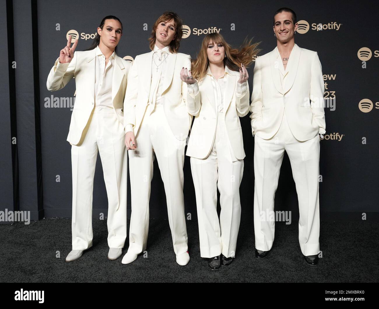 Los Angeles, USA. 02nd Feb, 2023. (L-R) Måneskin - Ethan Torchio, Thomas Raggi, Victoria De ...