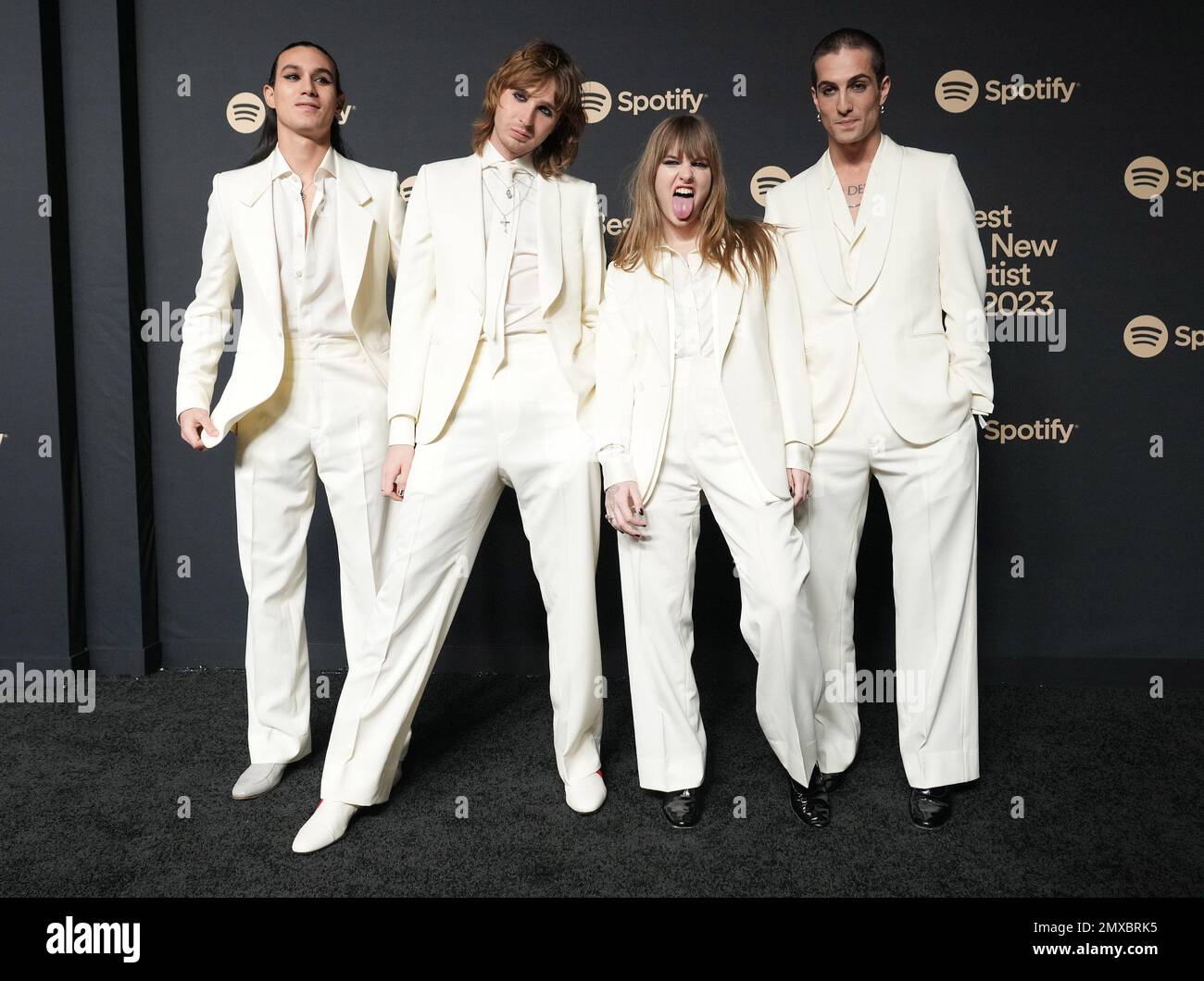 Los Angeles, USA. 02nd Feb, 2023. (L-R) Måneskin - Ethan Torchio, Thomas Raggi, Victoria De ...