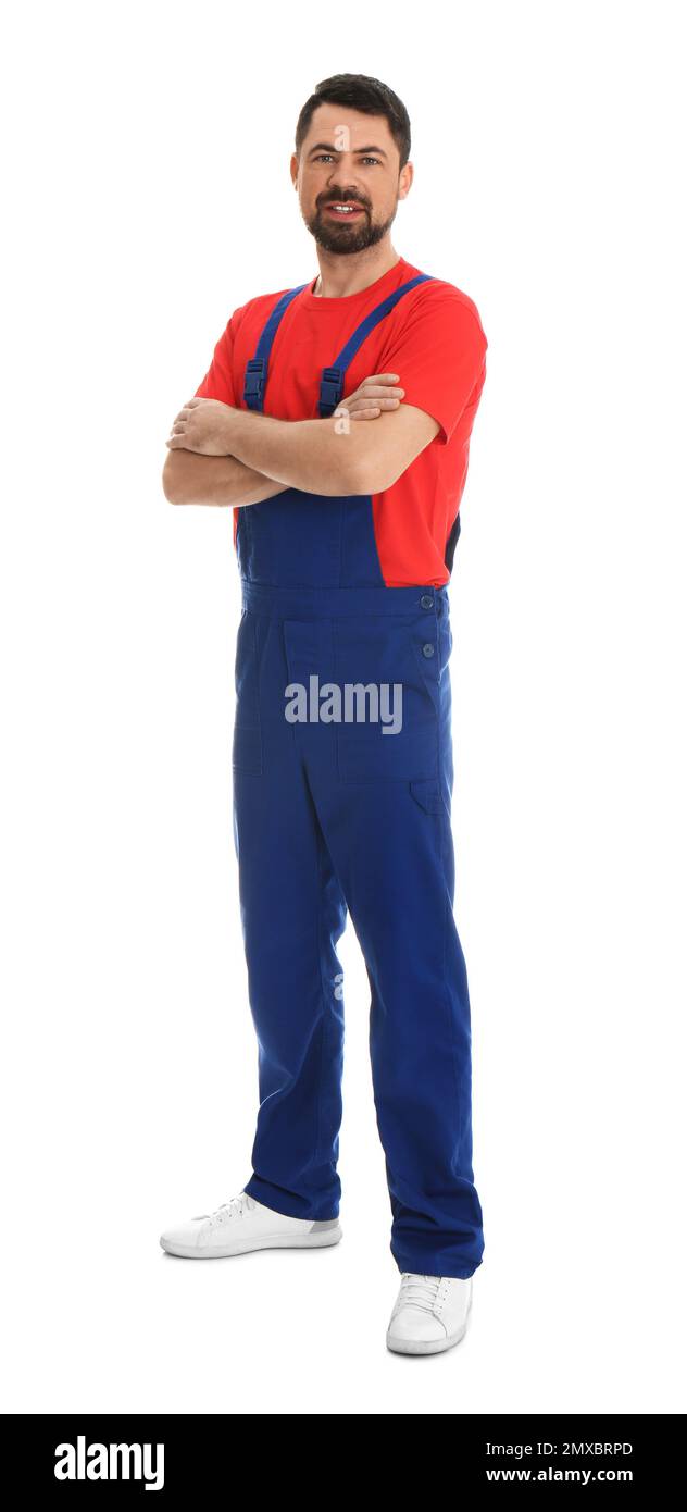 Full length portrait of professional auto mechanic on white background ...