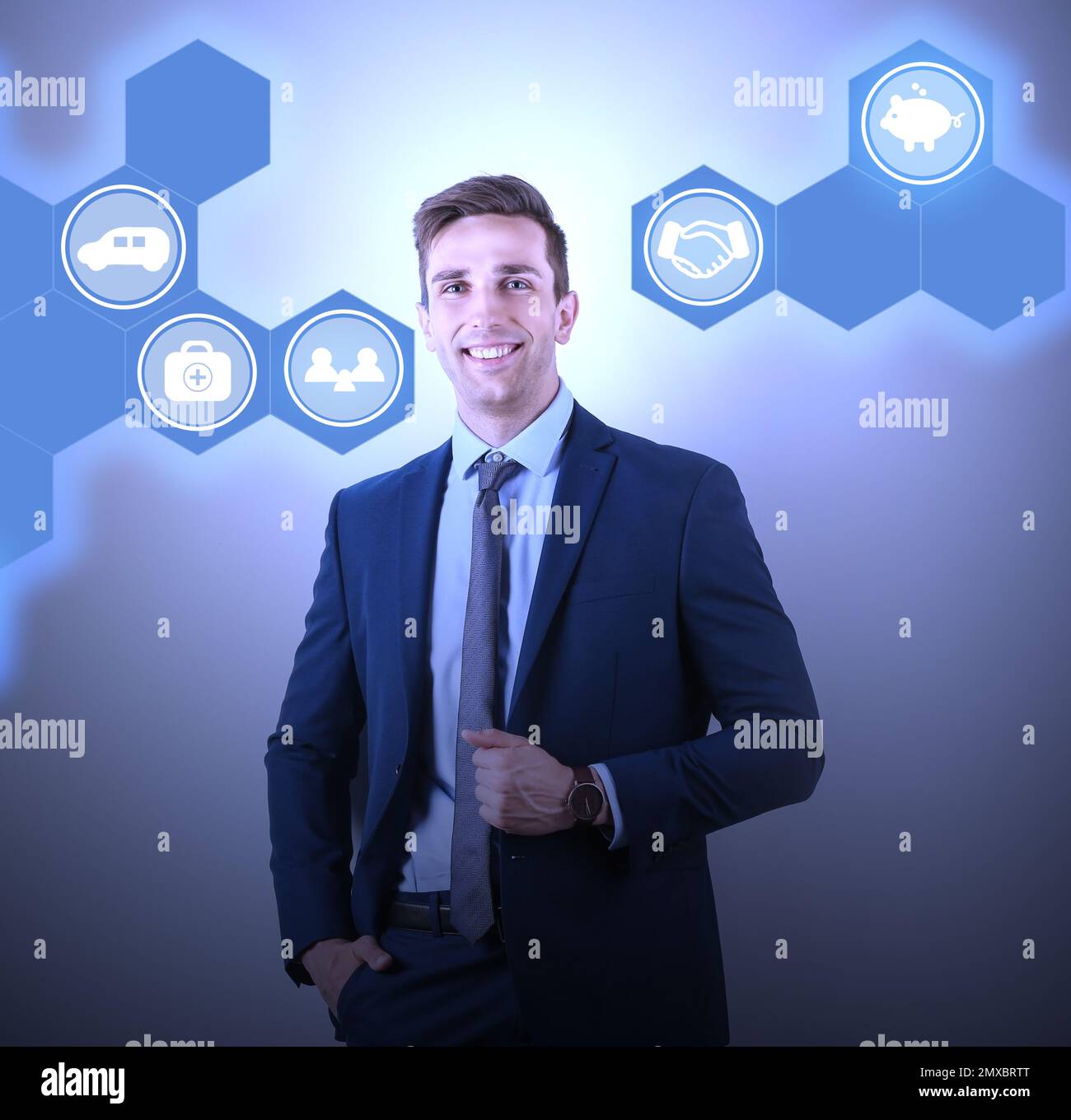 Businessman and different icons on light background. Insurance concept ...