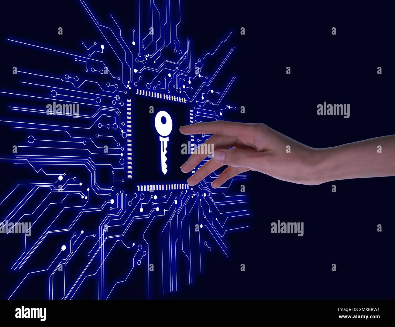 Concept of keywords research and modern technology. Woman pointing at ...