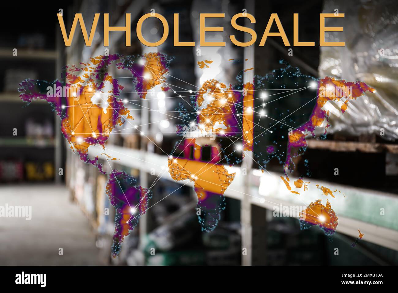 Wholesale business. World map and blurred view of warehouse on ...