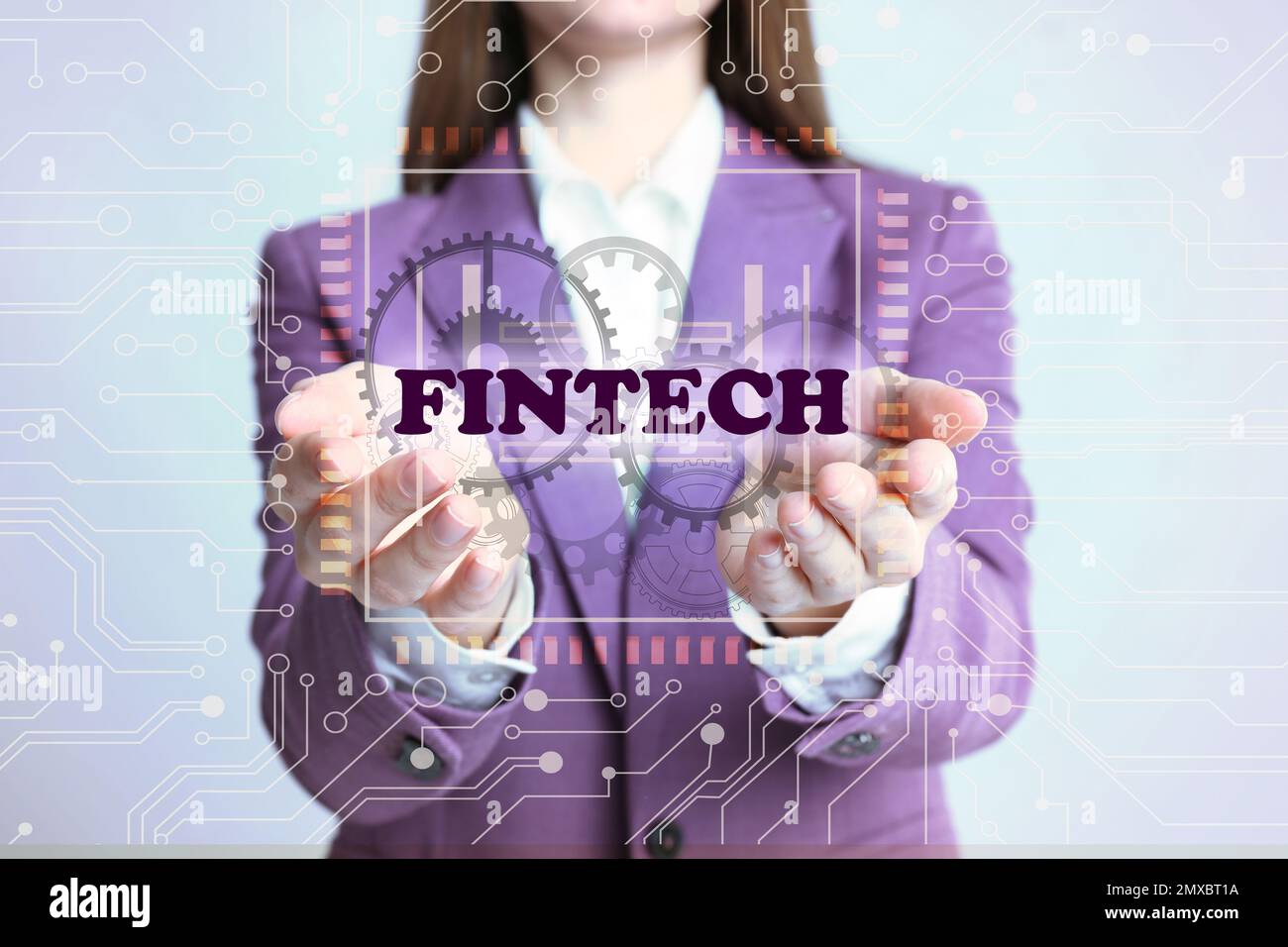 Fintech concept. Woman demonstrating digital scheme and gear mechanisms Stock Photo - Alamy