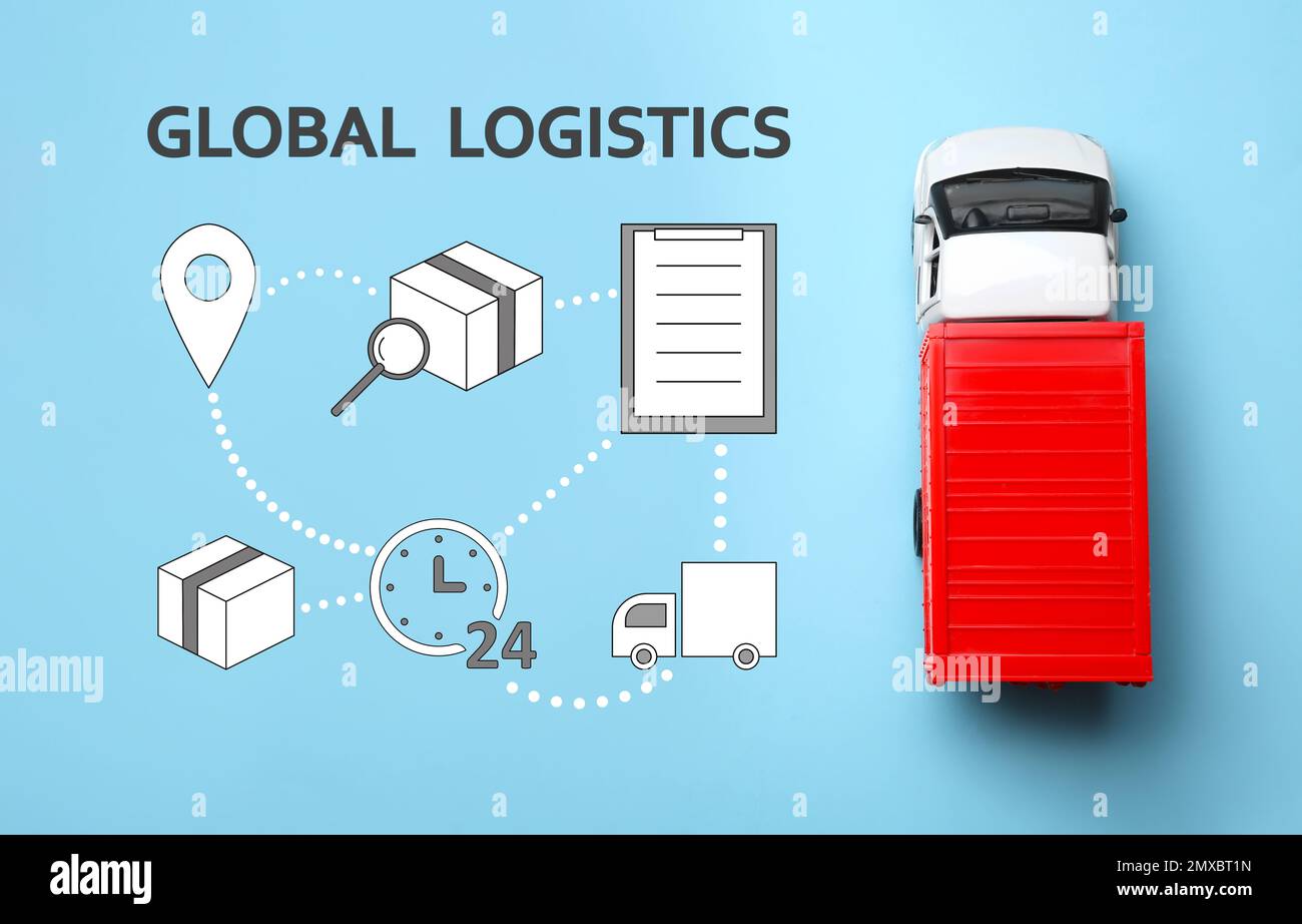 Global logistics concept. Truck and icons on light blue background ...