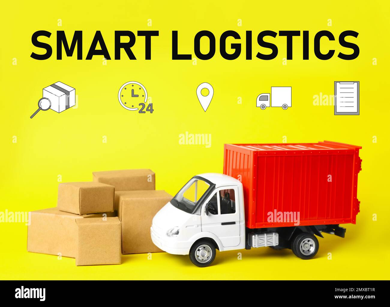Smart logistics concept. Truck with boxes and icons on yellow ...