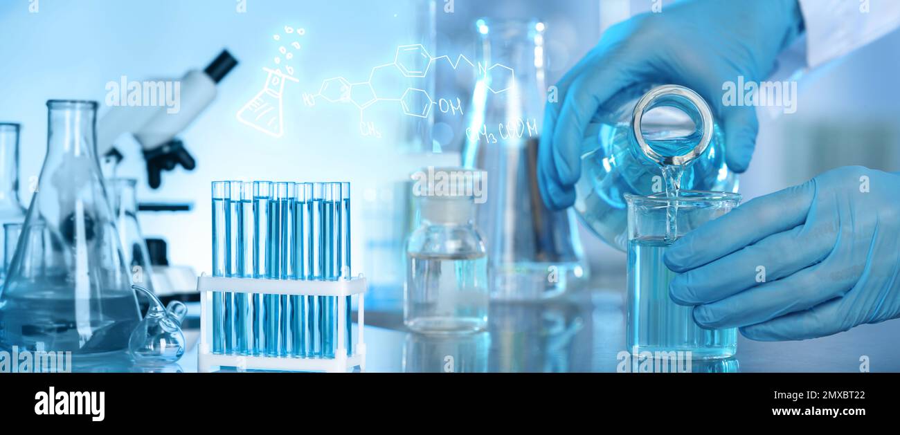 Scientist pouring blue liquid into beaker from Erlenmeyer flask for ...