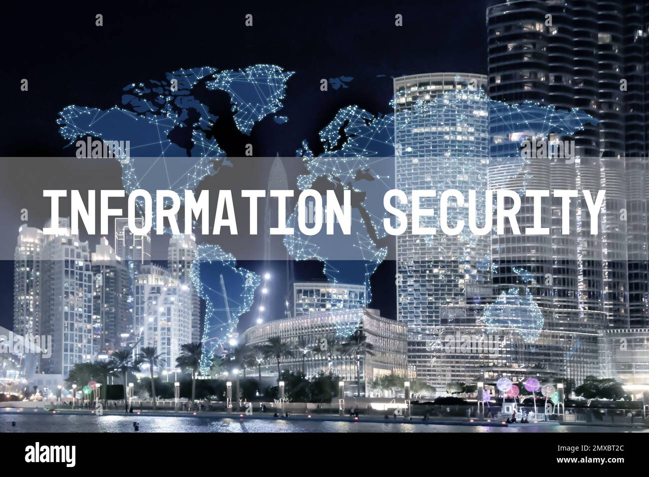 Text INFORMATION SECURITY, world map and cityscape on background Stock ...