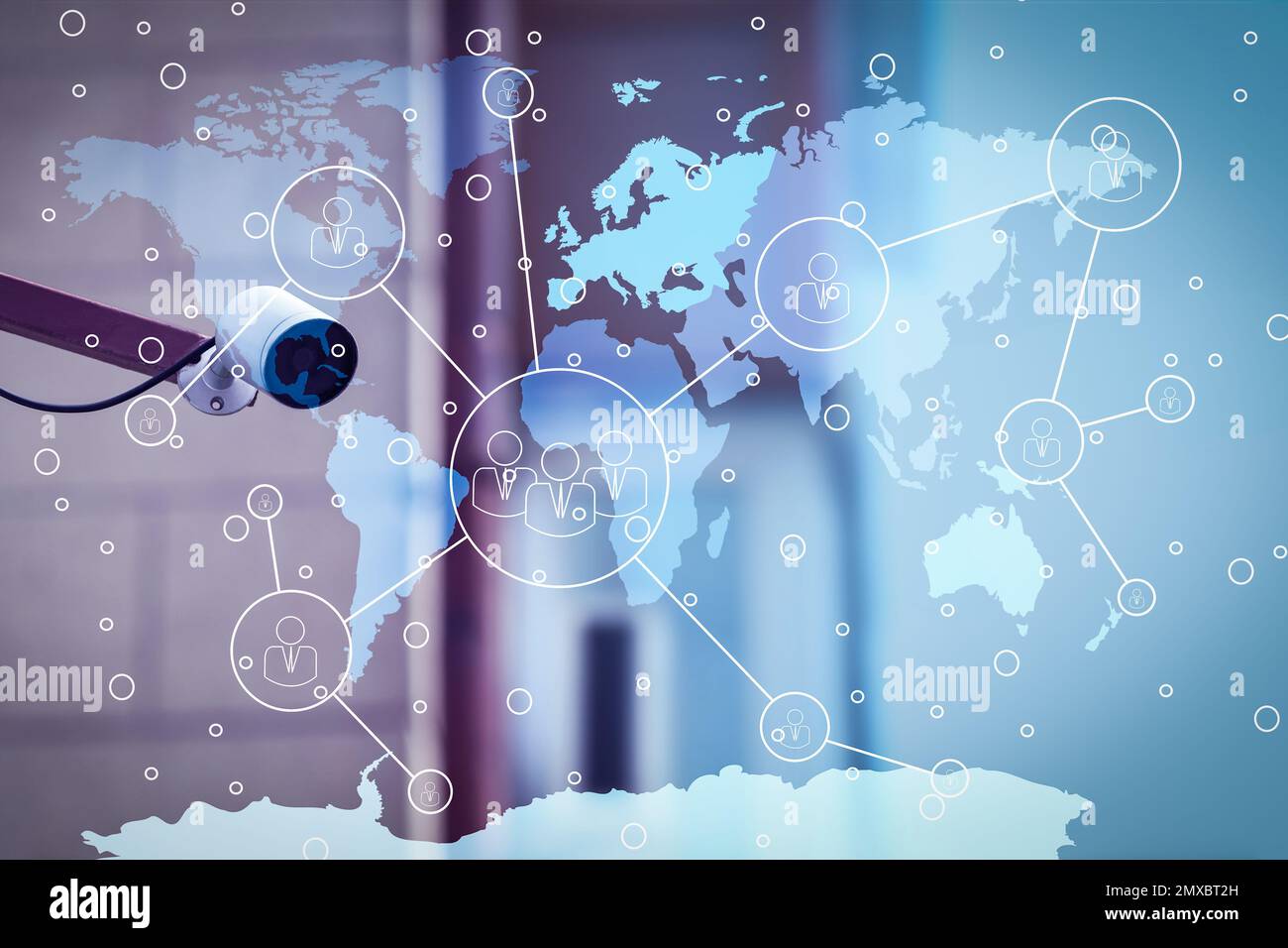 Modern CCTV security camera on building wall outdoors and digital world ...