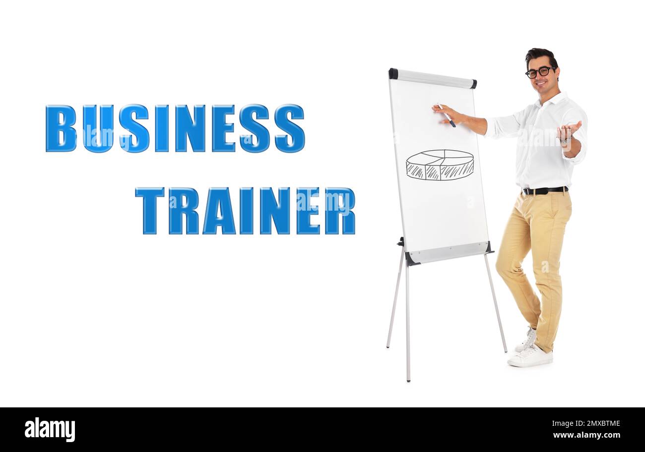 Professional business trainer giving presentation on white background ...