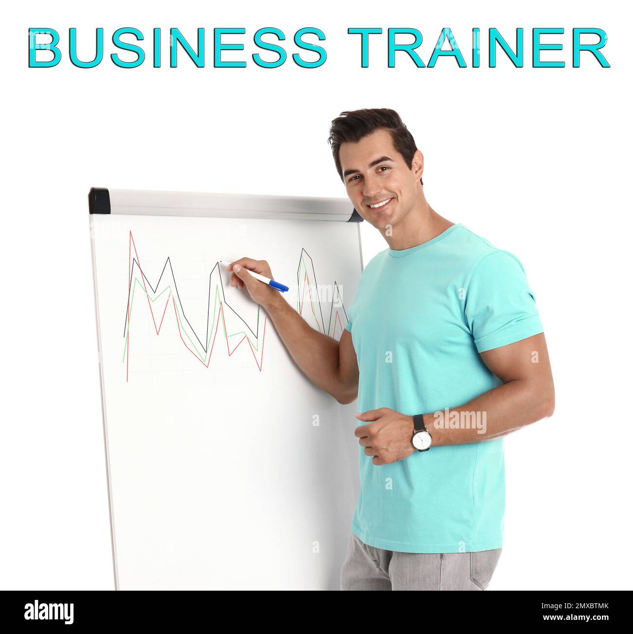 Professional business trainer giving presentation on white background ...