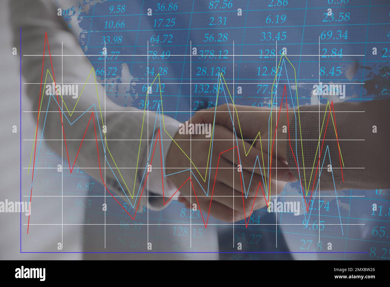 Double exposure of people shaking hands and world map, closeup. Stock ...