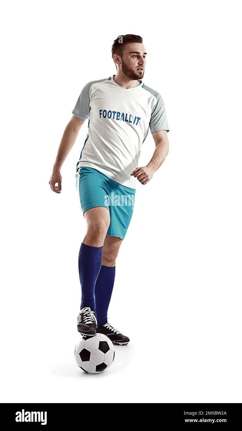 Young man playing football on white background Stock Photo - Alamy
