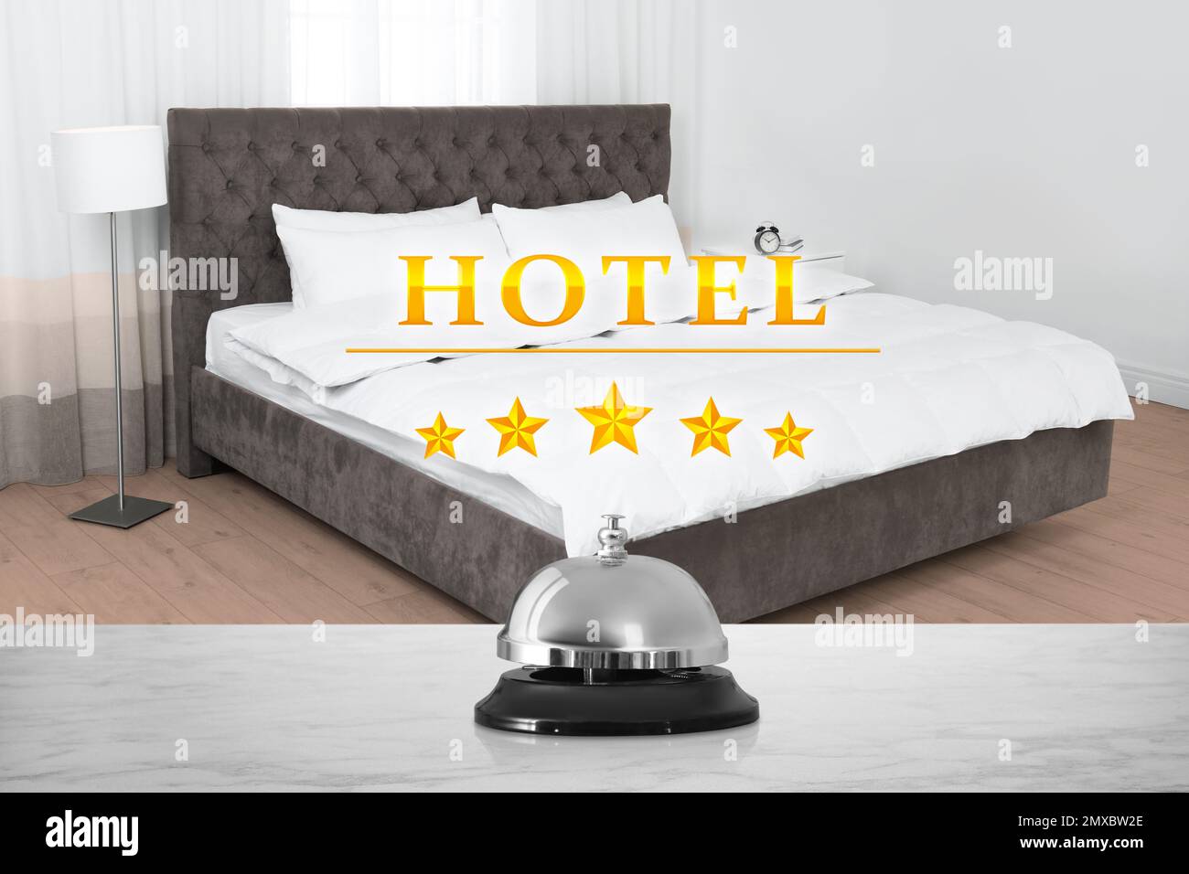 5 Star hotel. Reception desk with service bell and view of luxury ...
