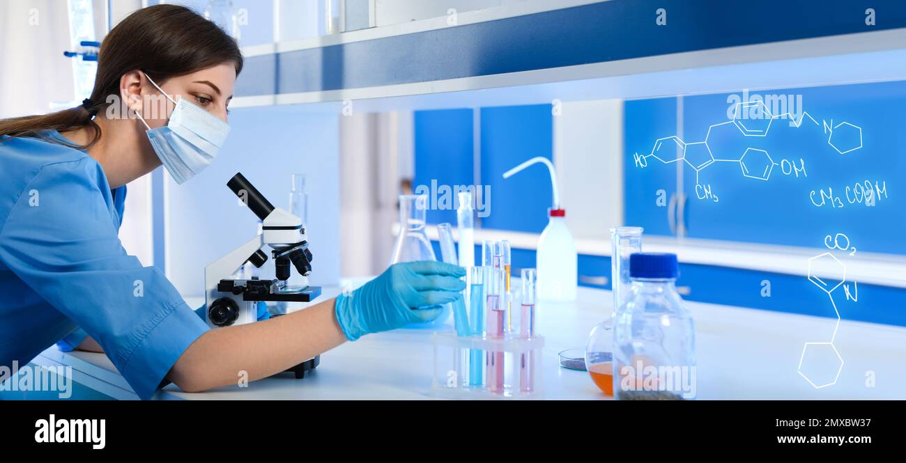 Scientist working with microscope and test tubes for analysis in ...