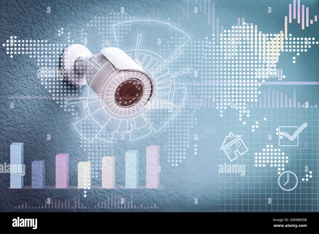 Modern CCTV security camera on wall and digital world map Stock Photo ...