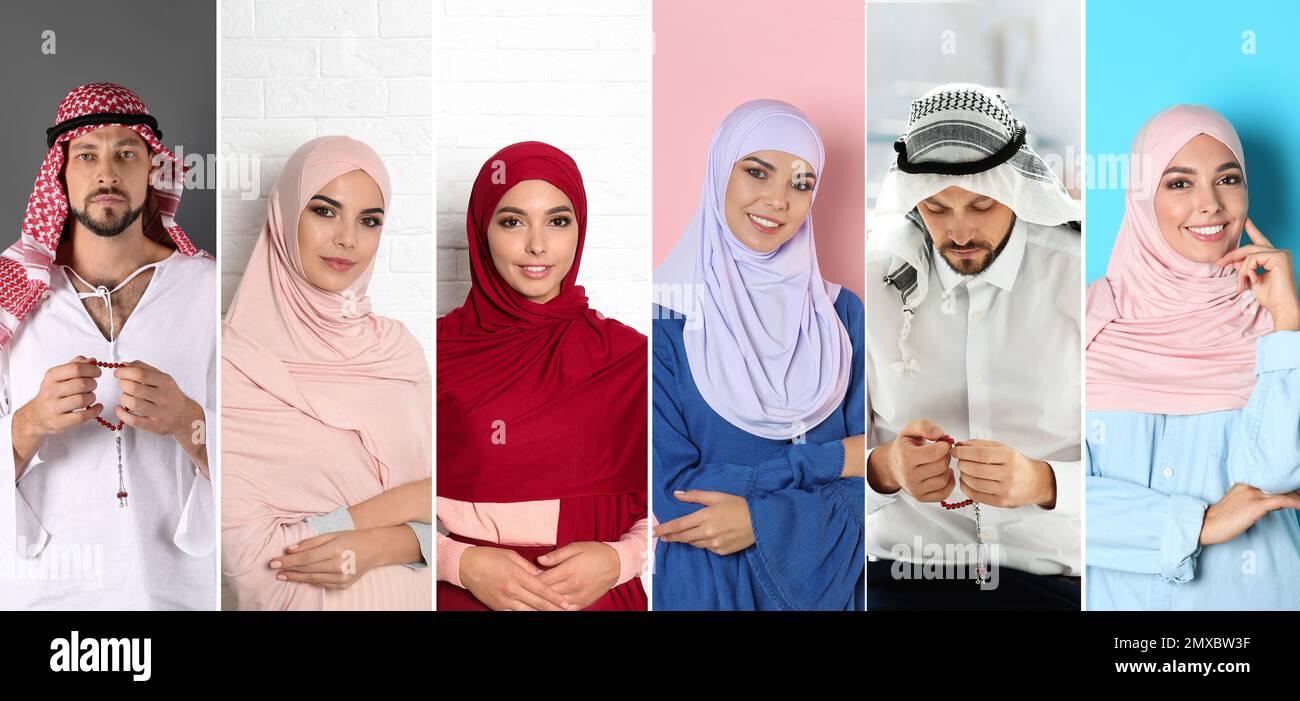 Collage with photos of Muslim people on different color backgrounds ...