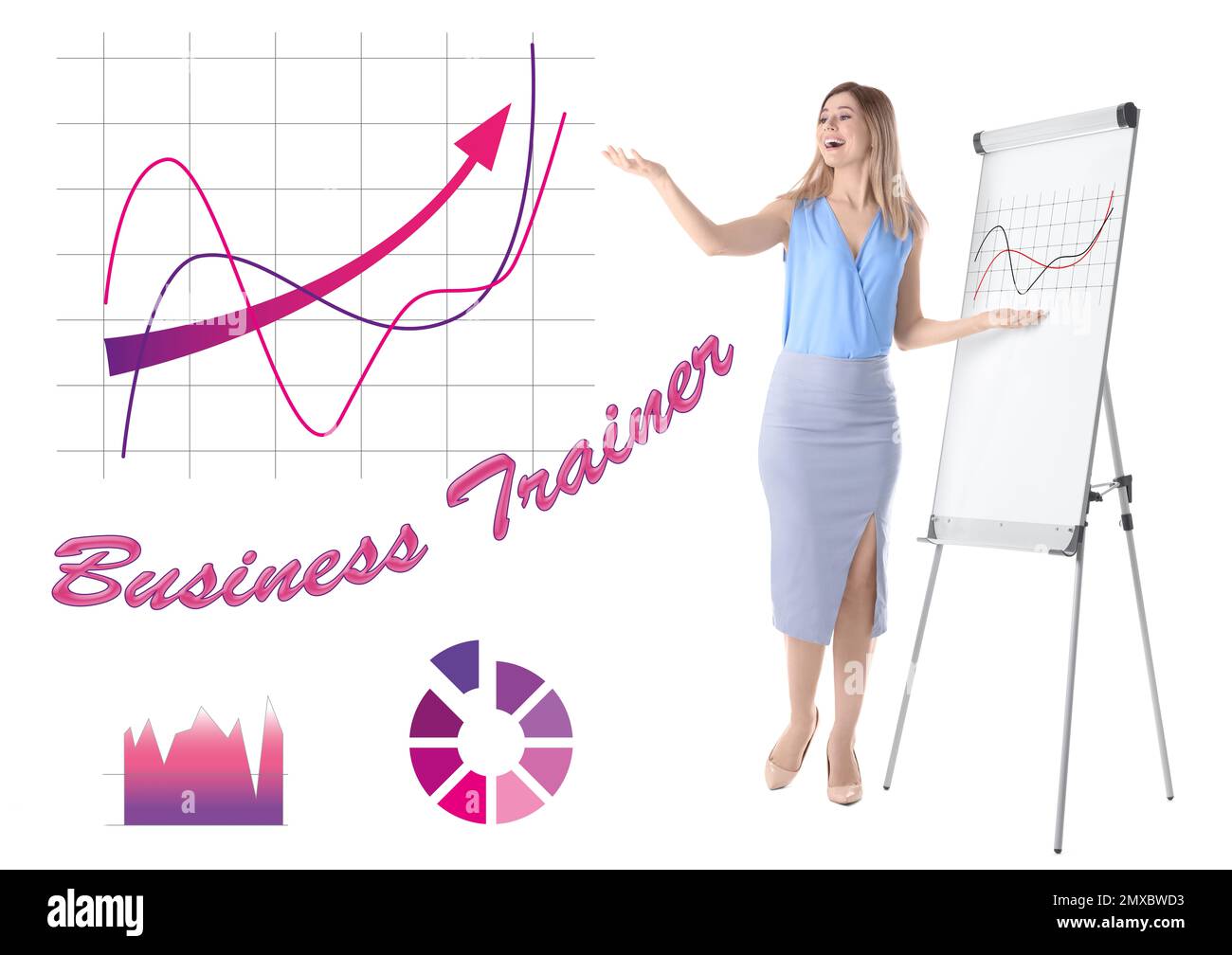 Professional business trainer giving presentation and graphics against ...