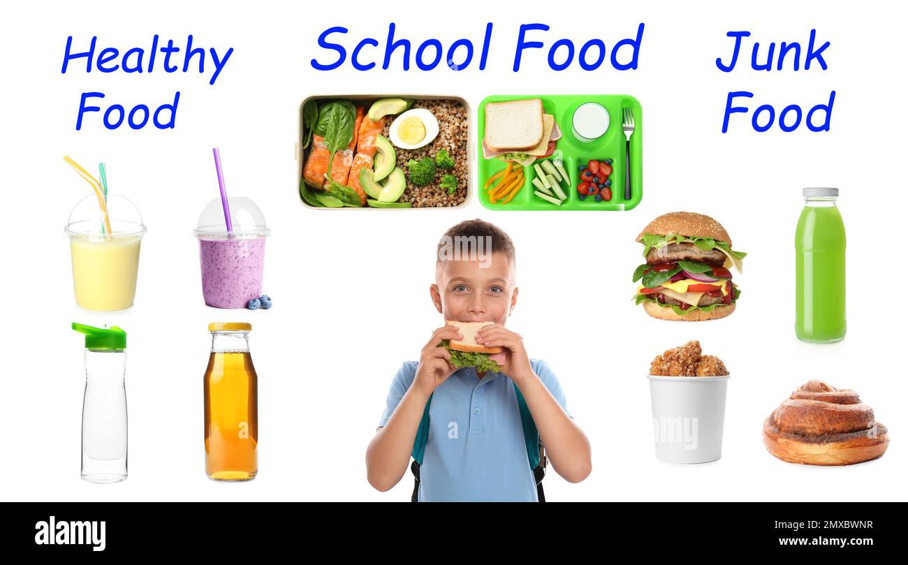 School food, healthy or junk. Boy and different products as variants ...