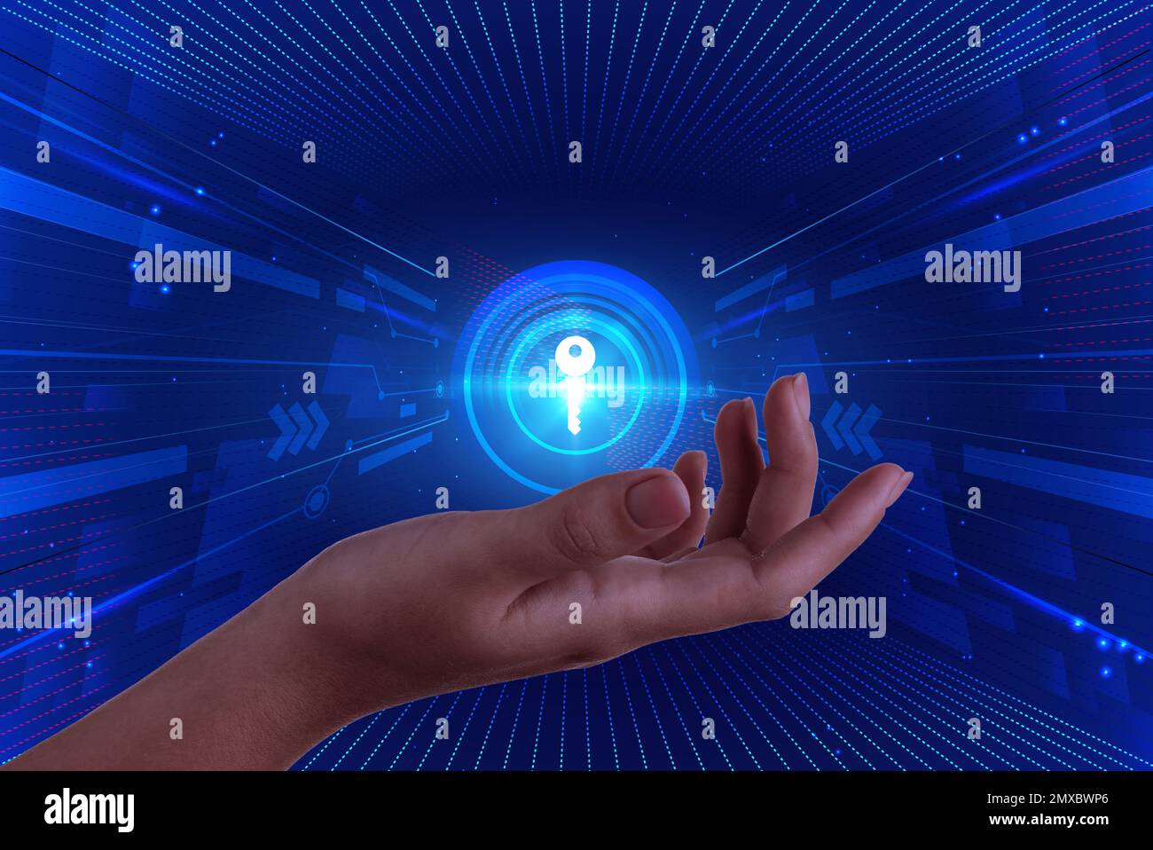 Concept of keywords research and modern technology. Woman demonstrating ...