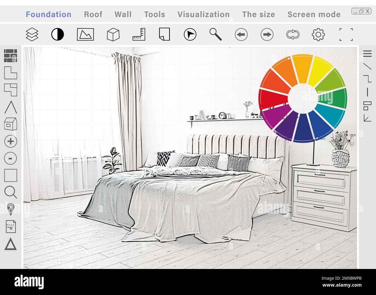 Sketch of bedroom interior on graphic tablet. Illustration Stock Photo ...