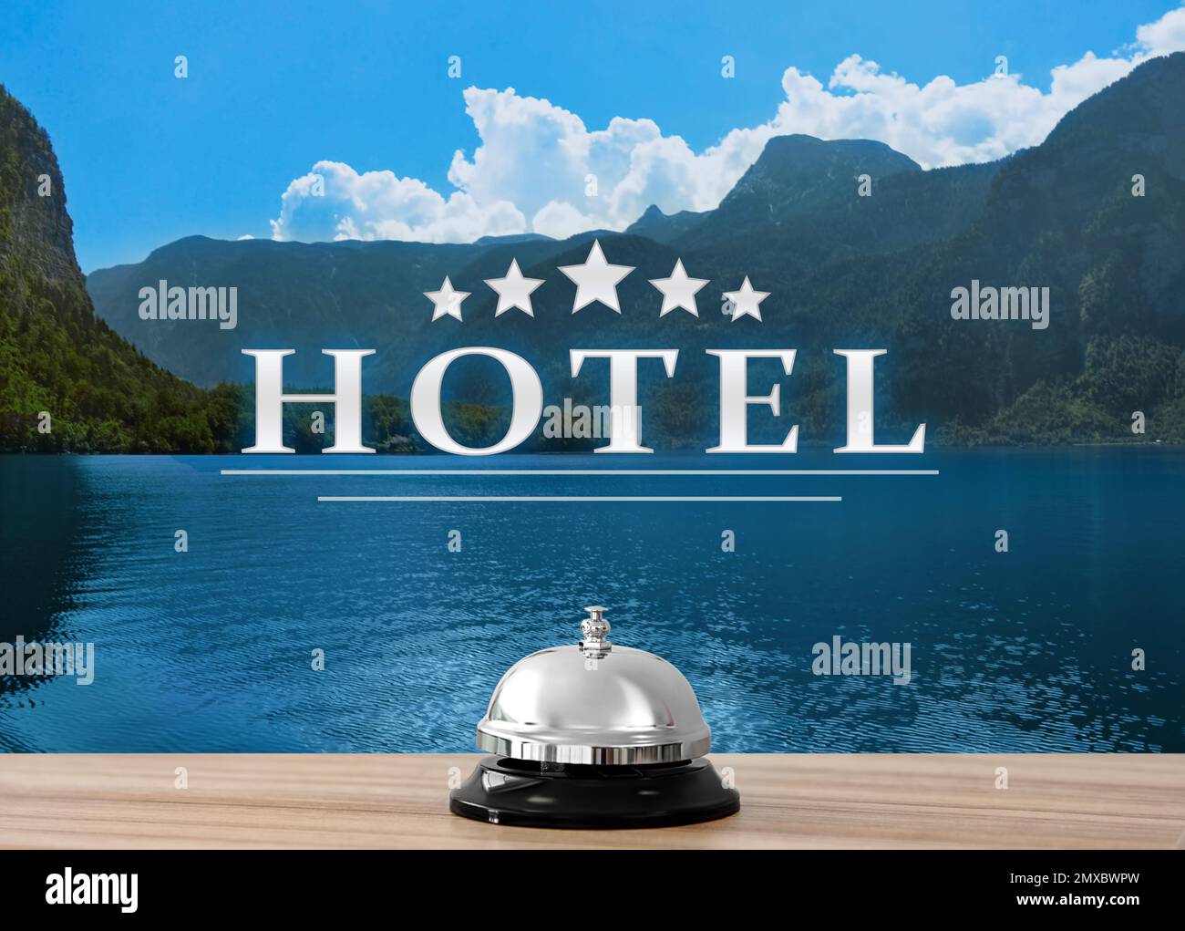 5 Star hotel. Reception desk with service bell and picturesque ...
