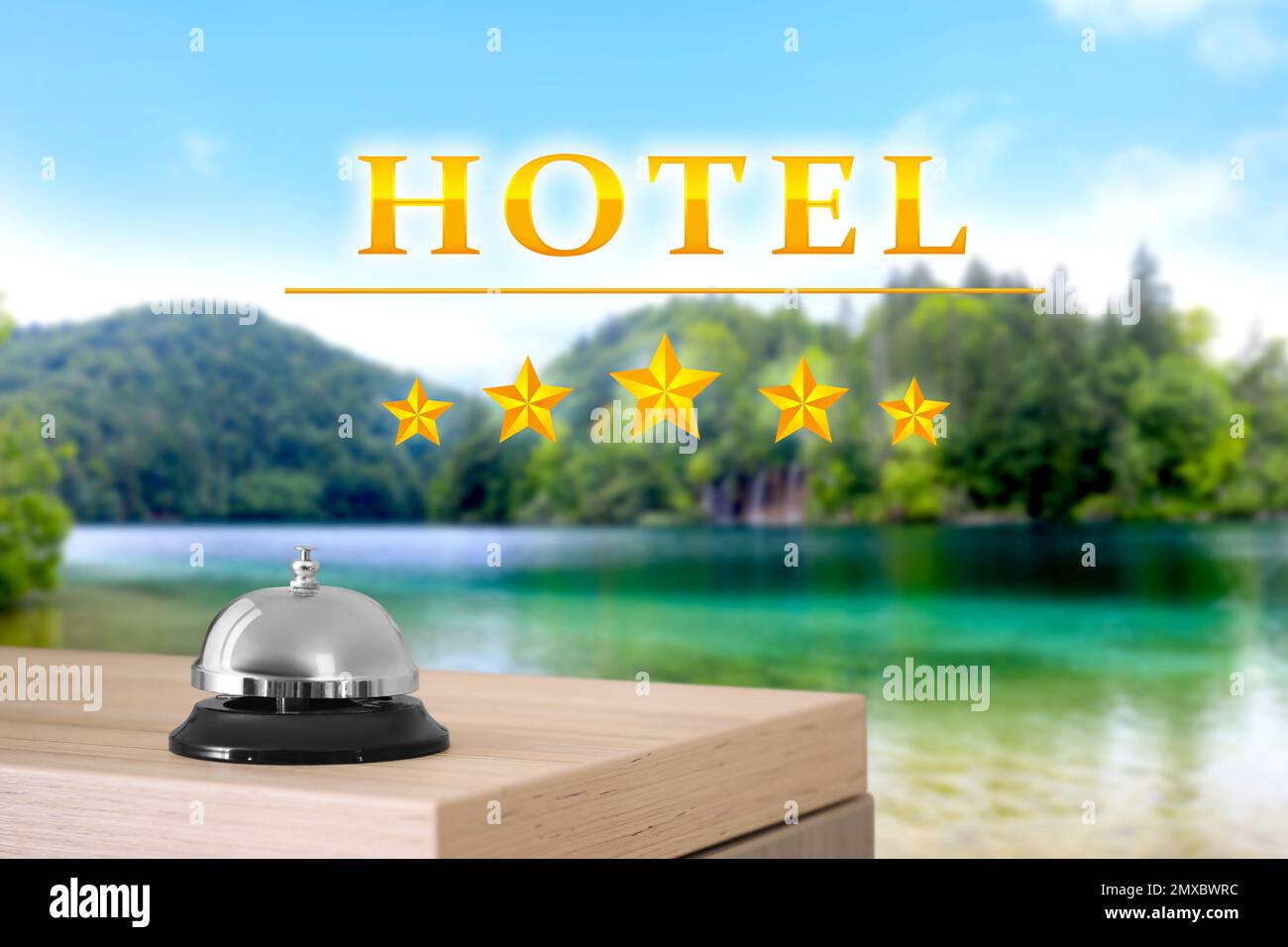 5 Star hotel. Reception desk with service bell and picturesque ...