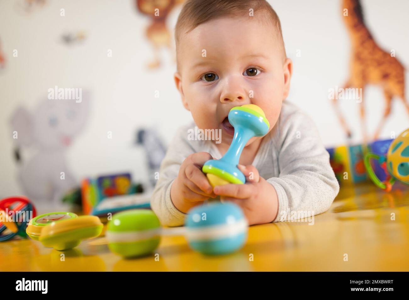 Cute baby boy nibbles and eats colourful toys because her small new ...