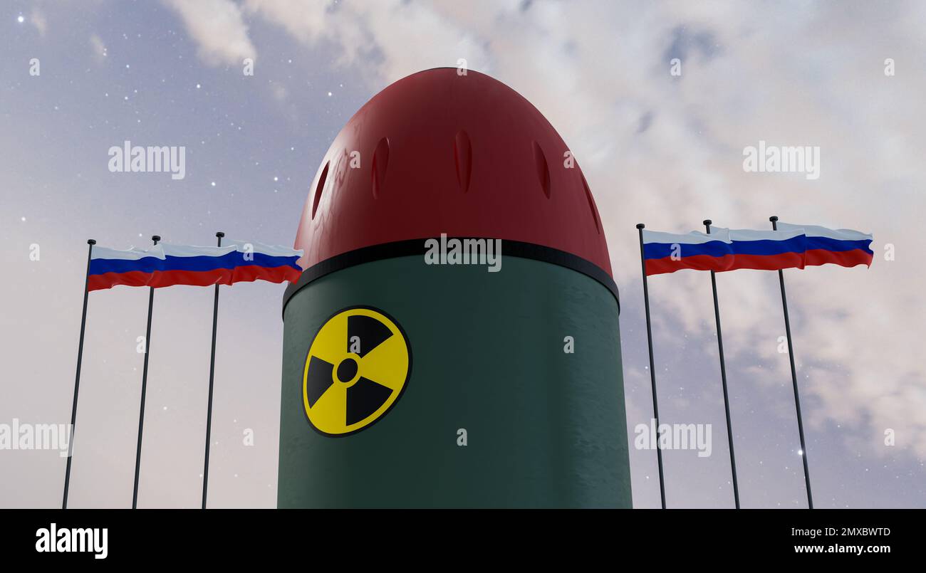 Nuclear missiles and Russia flag in background. Missiles with warheads ...