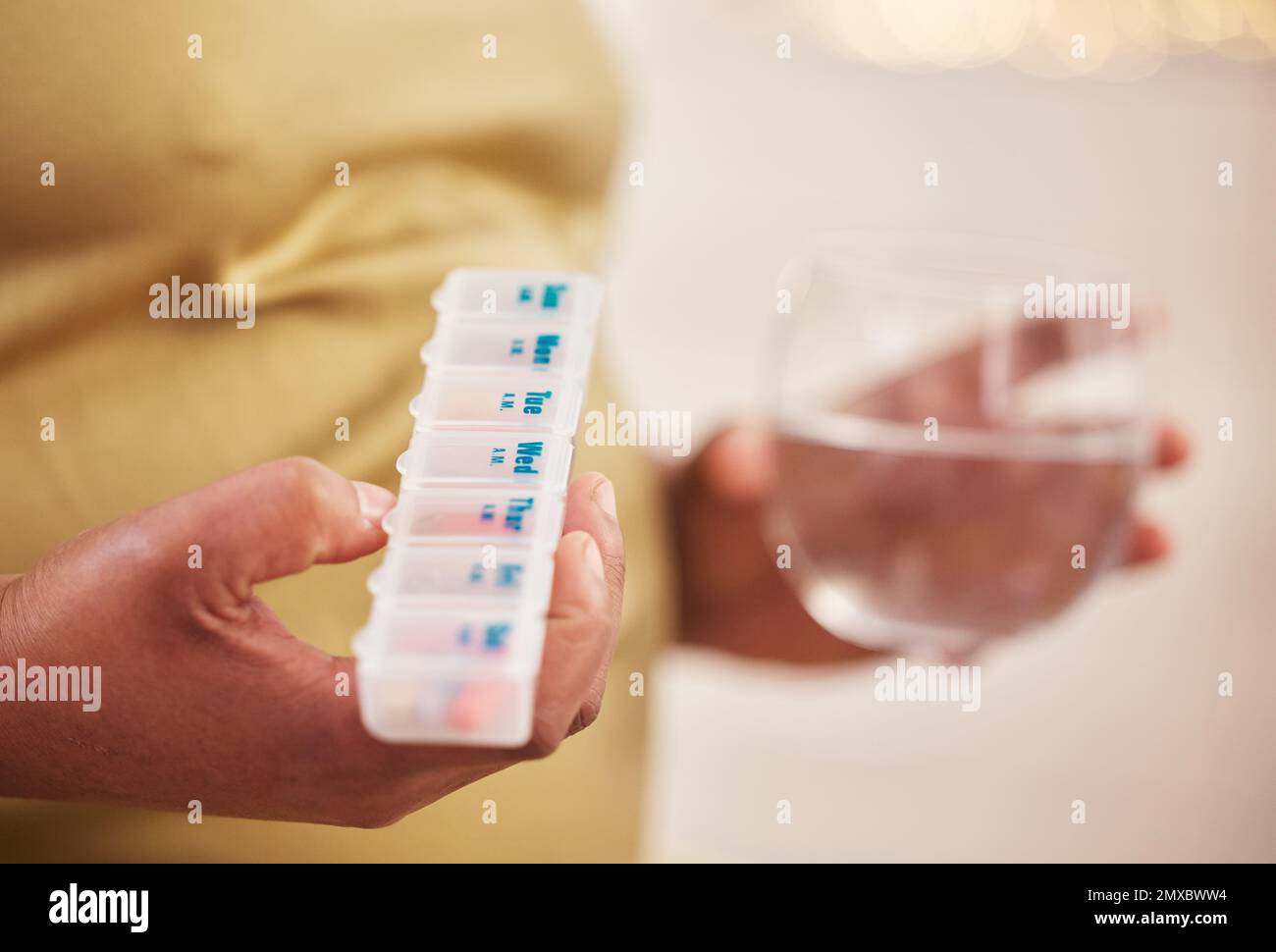 Pregnant woman, medicine and water for health and wellness with ...