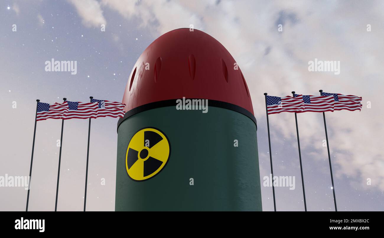 Nuclear missiles and USA flag in background. Missiles with warheads are ...