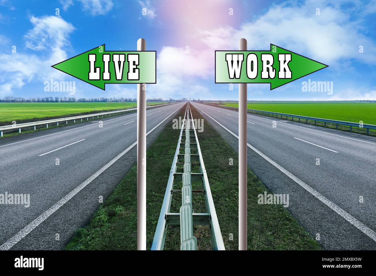 Beautiful view of asphalt highway and arrows. Concept of balance ...