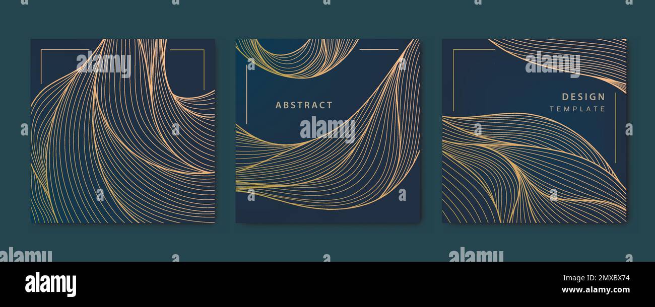 Vector set of wavy luxury line cards, golden dynamic square backgrounds ...