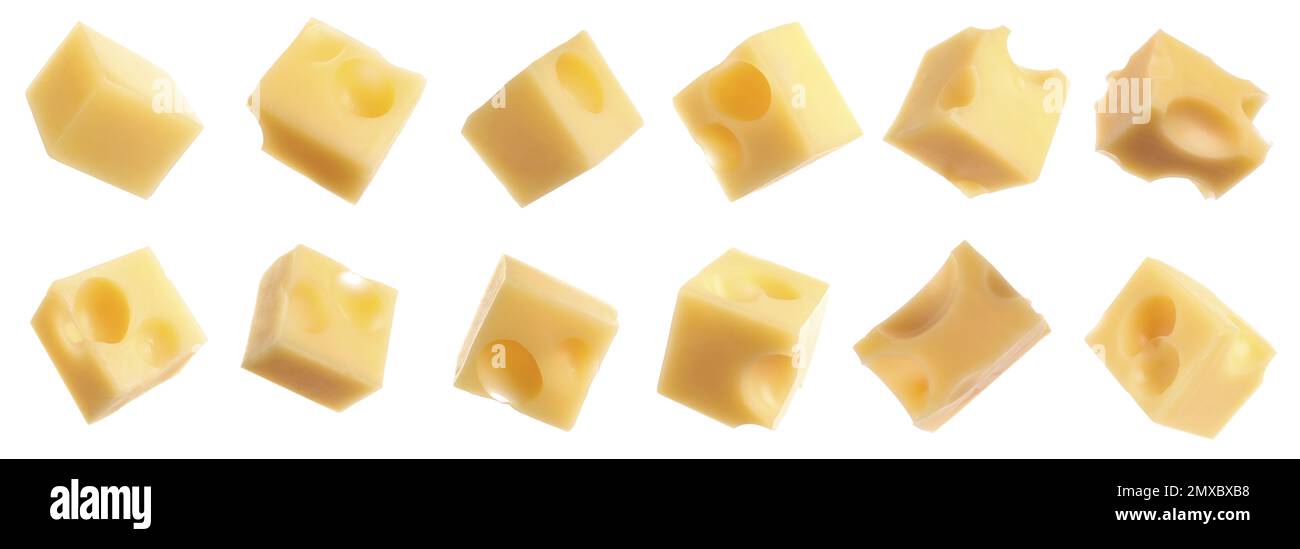 Set of delicious cheese cubes on white background. Banner design Stock ...