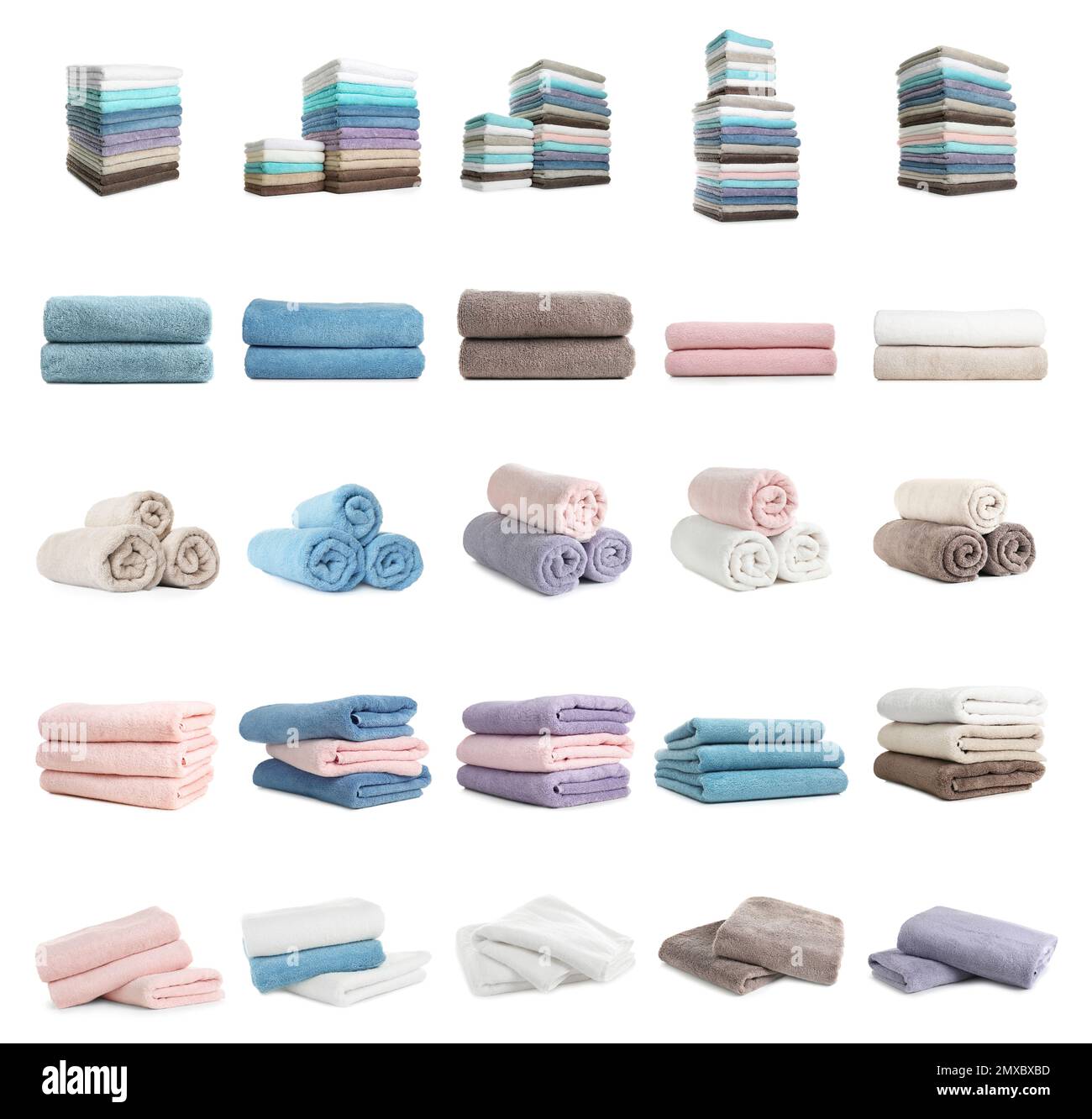 Set of clean soft terry towels on white background Stock Photo - Alamy