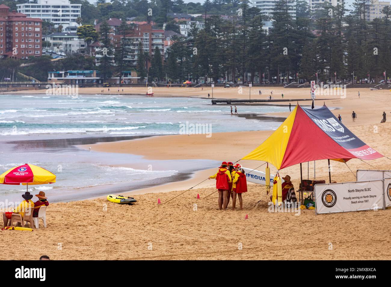 Australian surf rescue personnel and shade rain tent on North Steyne ...