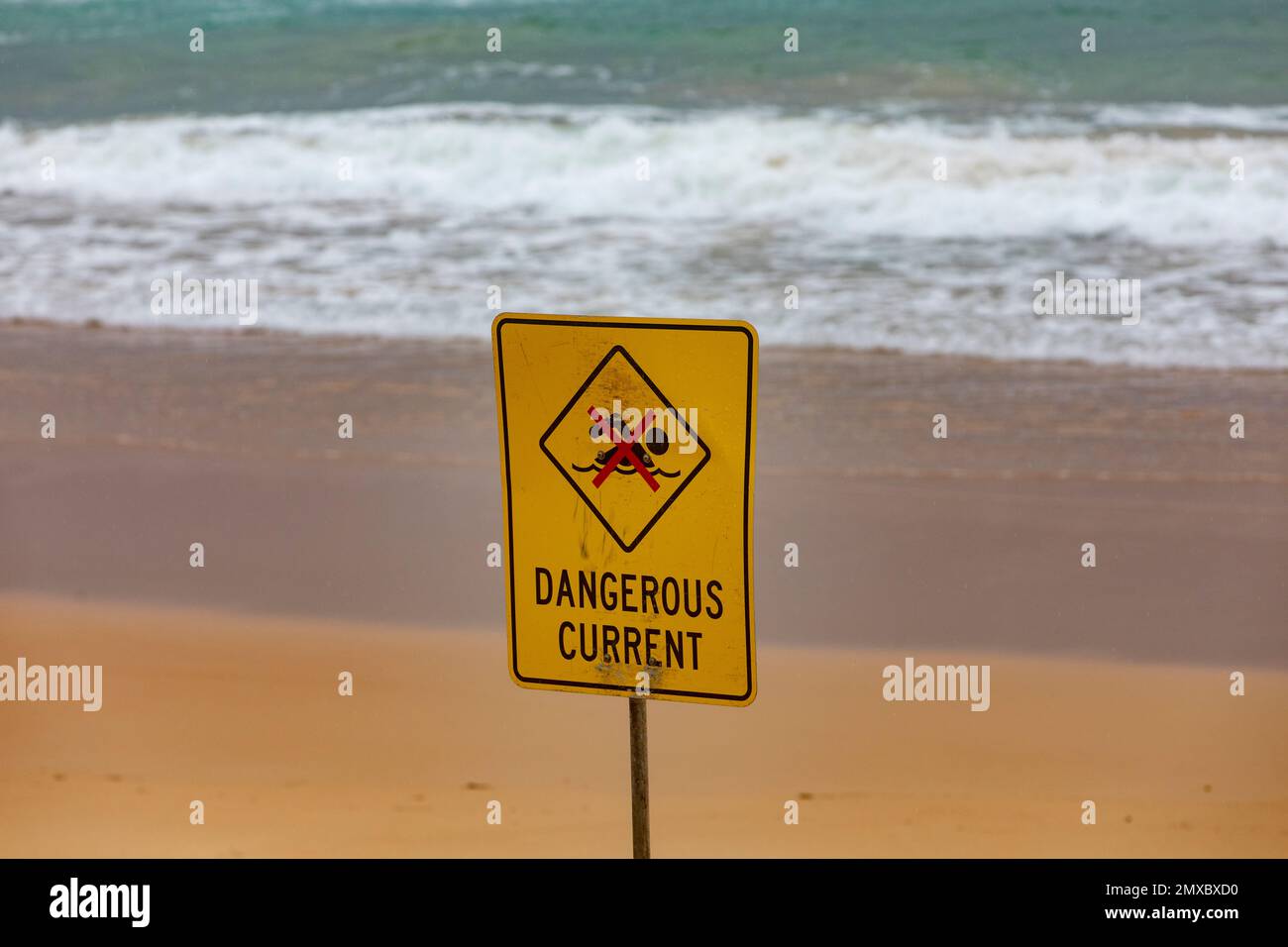 Dangerous current no swimming yellow beach sign on Manly beach on ...