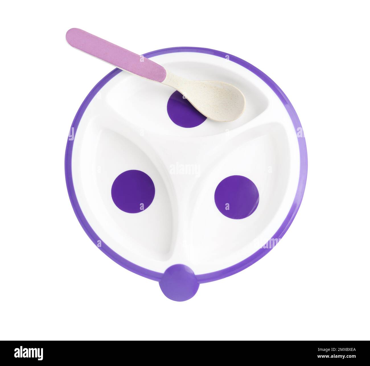 Plastic section plate with spoon isolated on white, top view. Serving ...