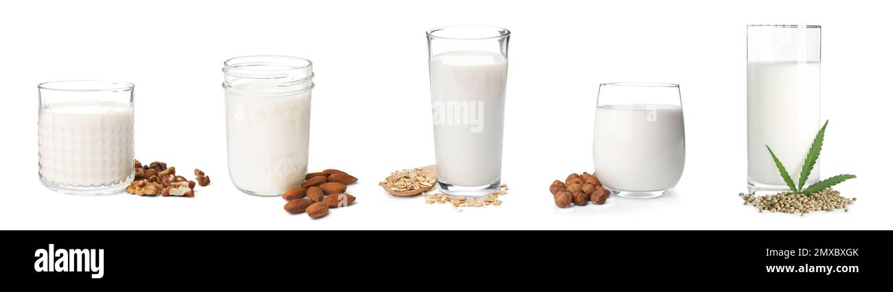 Set with different types of organic milk on white background. Banner ...