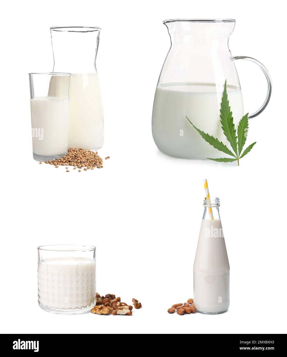 Set with different types of organic milk on white background. Natural ...