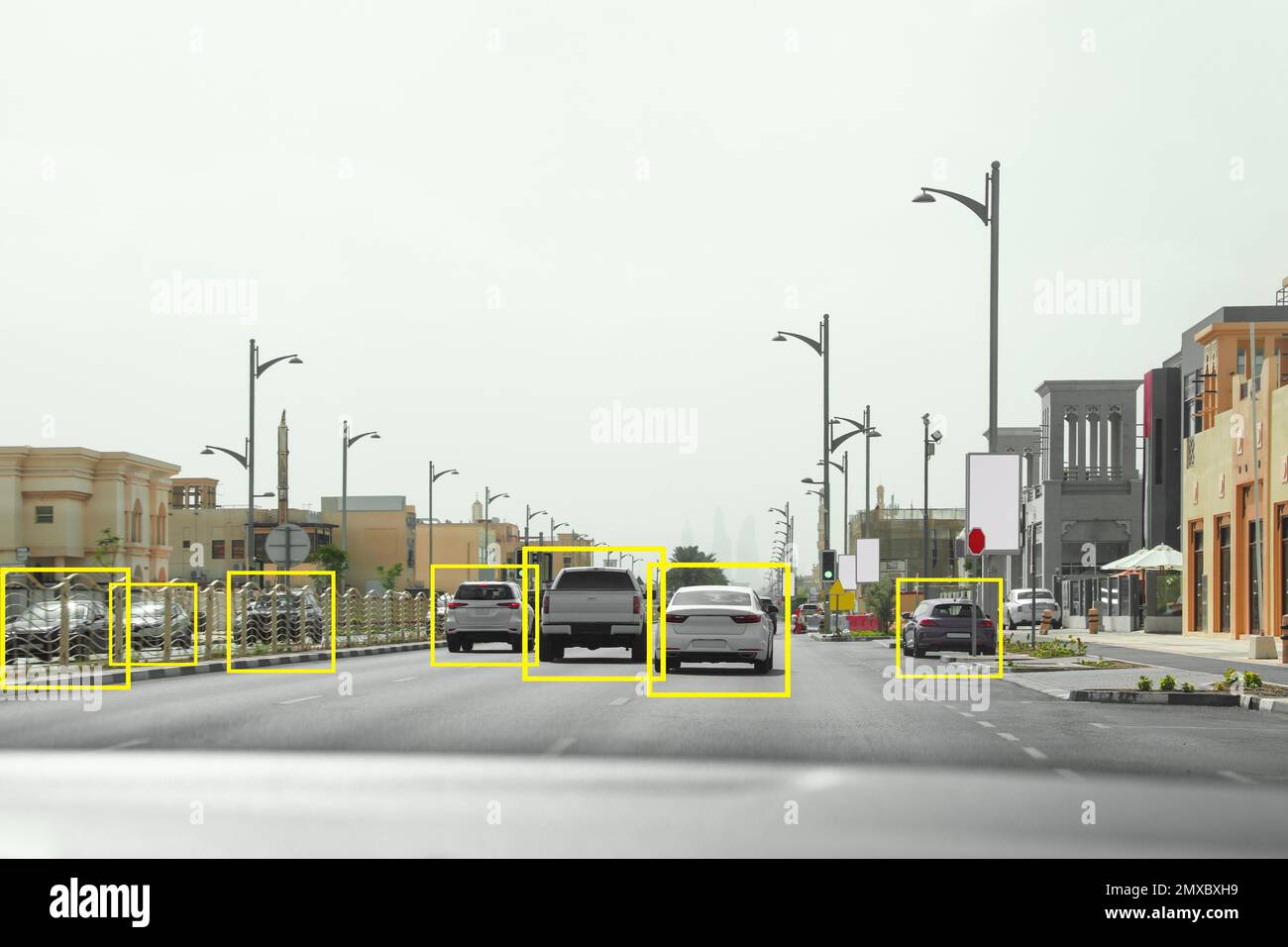 City road with scanner frames on cars outdoors, view from automobile ...