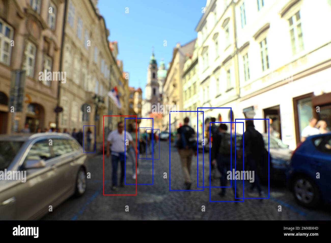 Blurred view of city street with scanner frames on people. Machine ...