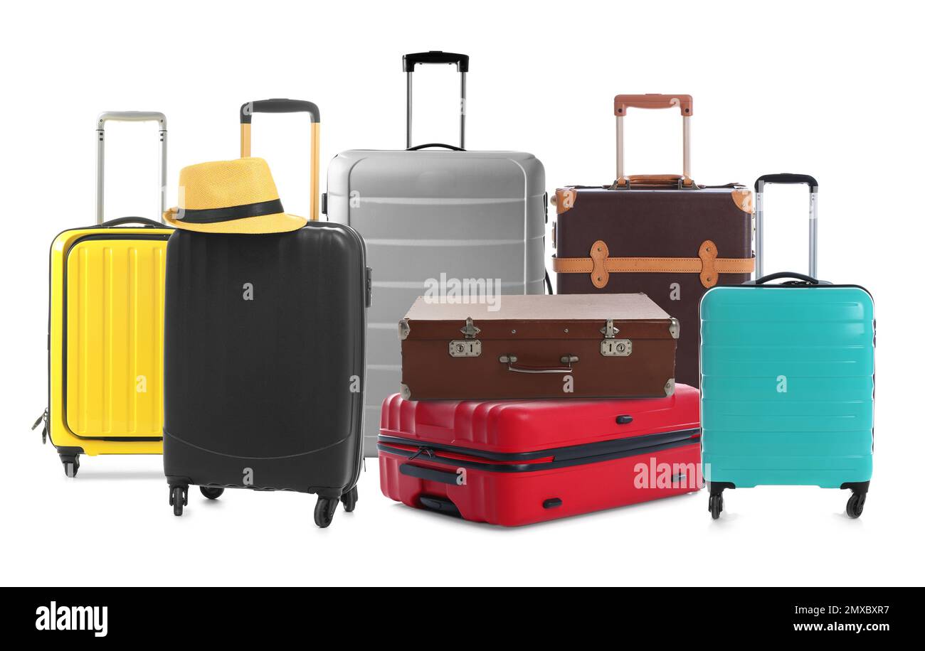 Set of different stylish suitcases for travelling on white background ...