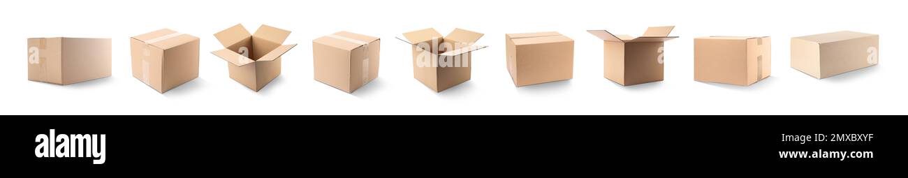 Set of different cardboard boxes on white background. Banner design ...