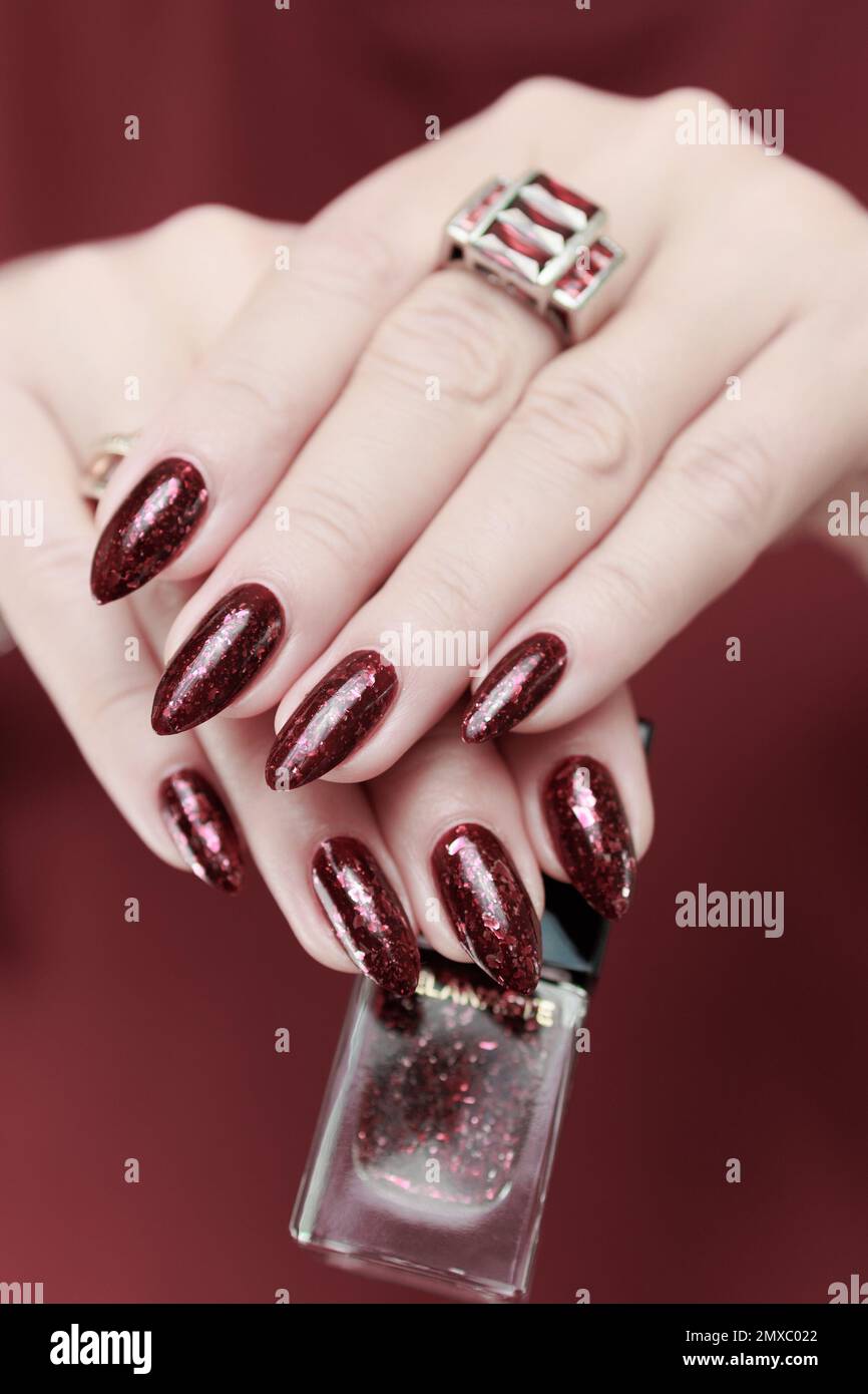 Dark Red And Silver Nails