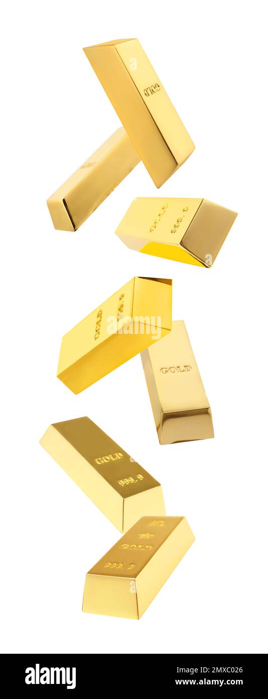 Set of falling gold bars on white background Stock Photo - Alamy