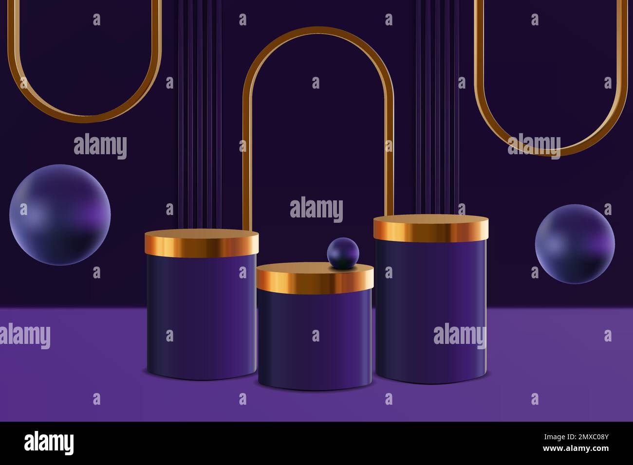 Vector realistic 3D scene with cylinders golden details and arches ...