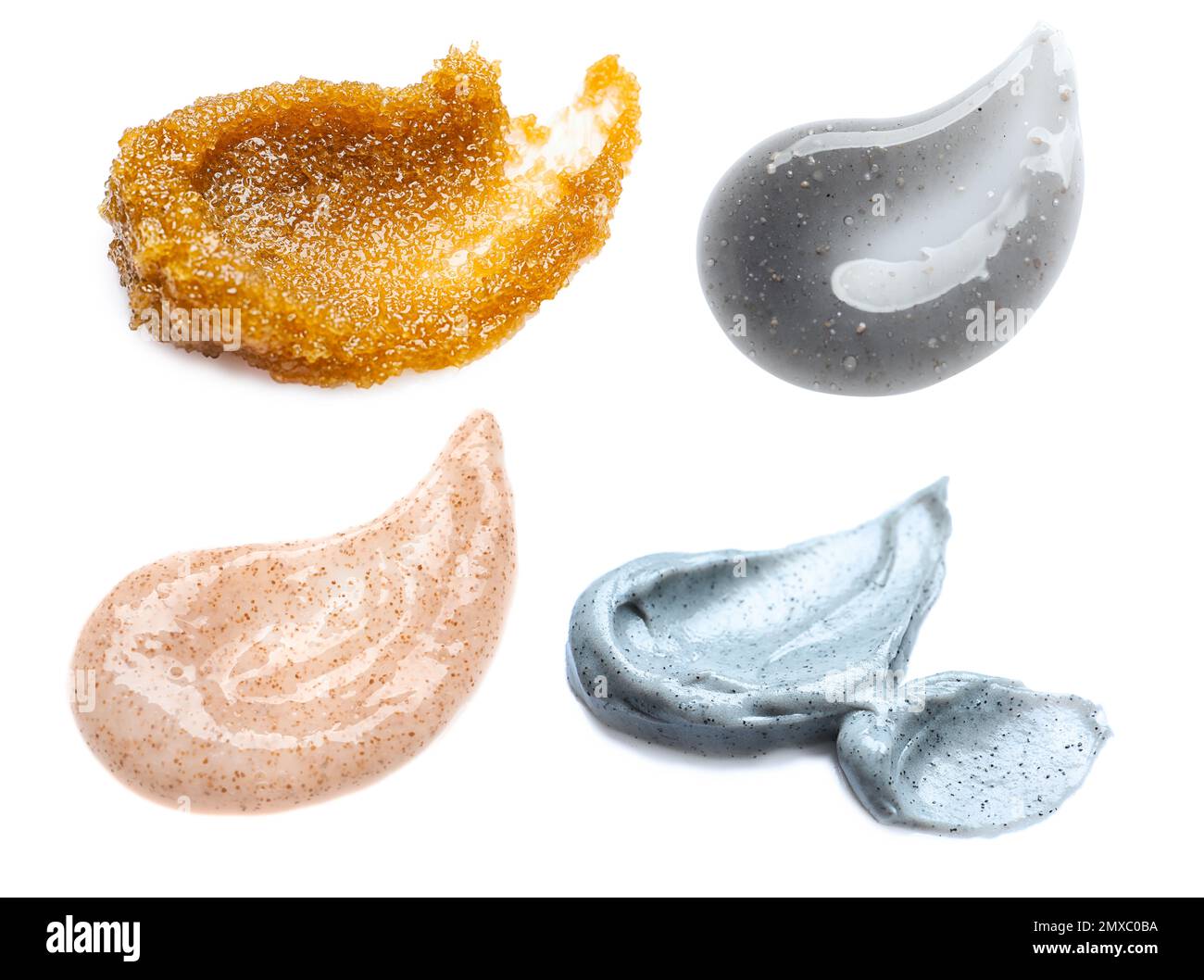 Set with different samples of natural scrubs on white background, top ...